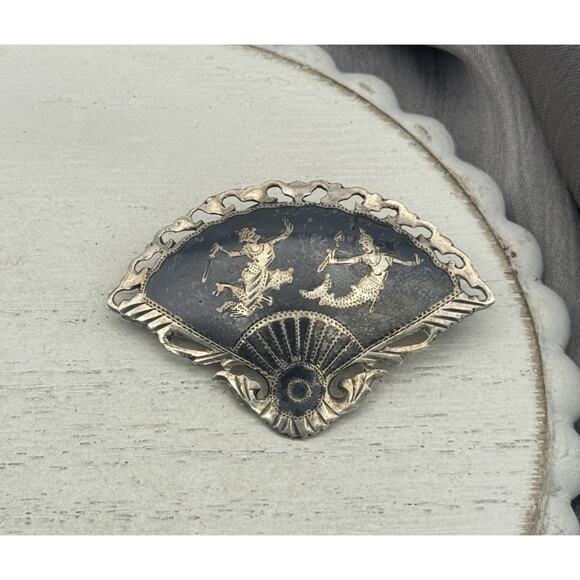 Siam | Jewelry | Vintage Siam Fan Brooch 925 Black Enamel Niello Dancer ...
